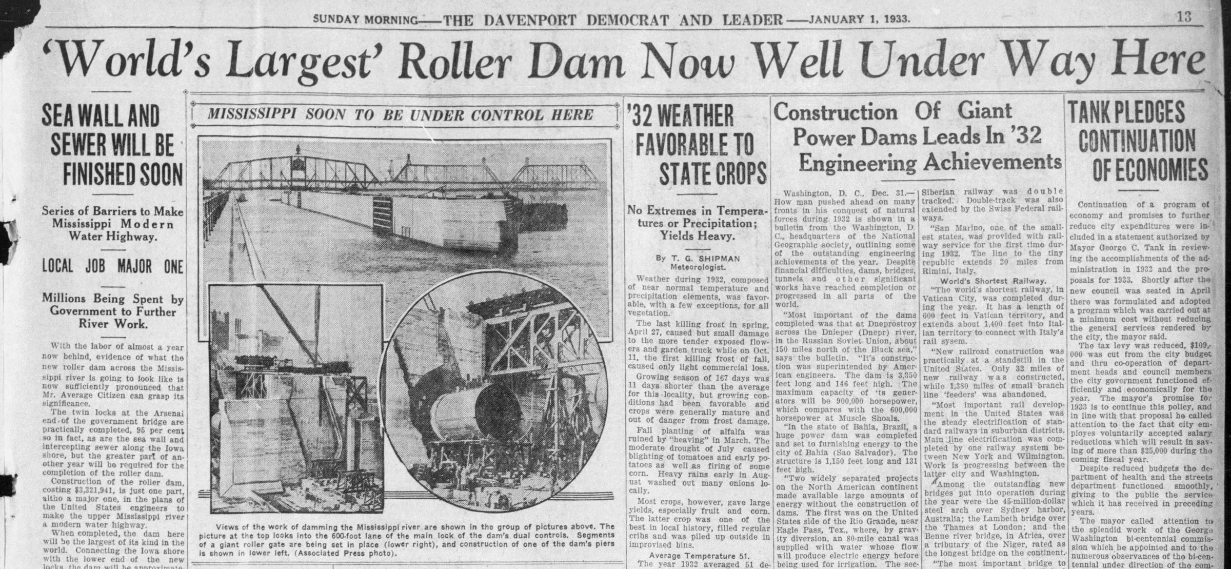 Roller Dam across the Mississippi River between Davenport, Iowa and ...